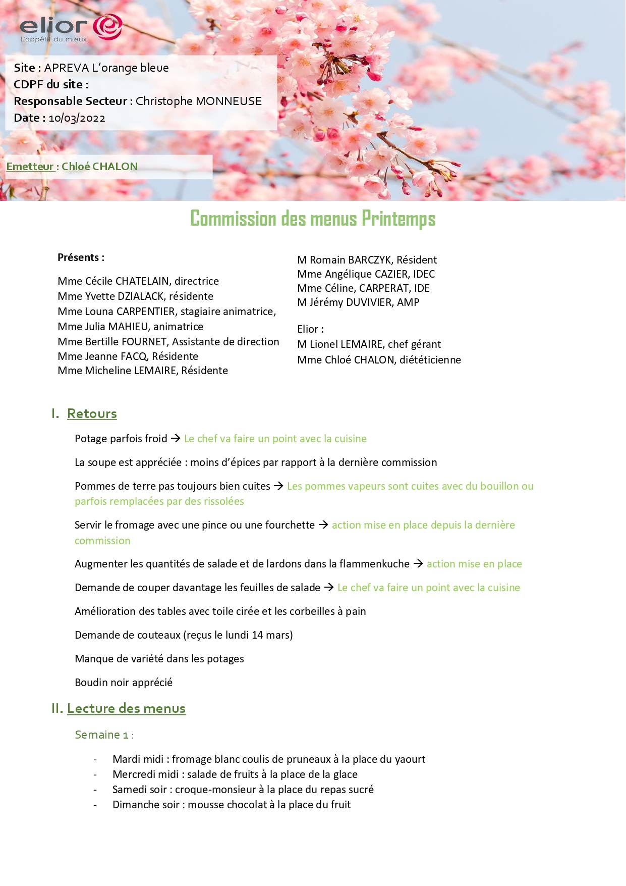 Commission menus de Printemps ! - EHPAD l'Orange Bleue à Méricourt